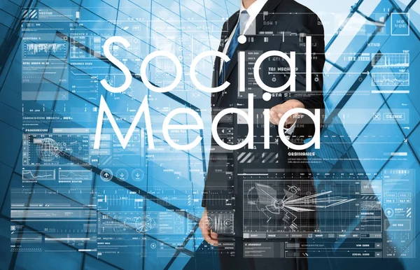 businessman presenting Social Media text, graphs and diagrams - Stock ...