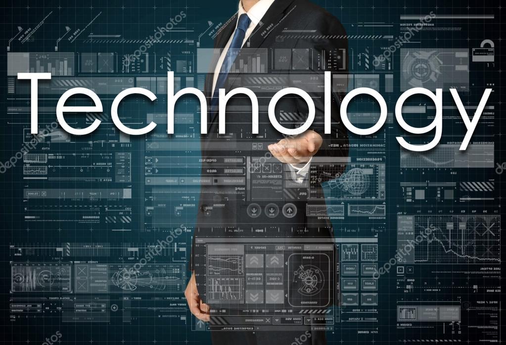 Businessman presenting Technology text and graphs and diagrams — Stock ...