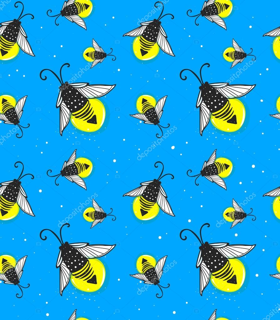 Hand-drawn seamless cartoon fireflies bugs design. — Stock Vector ... Hand-drawn seamless cartoon fireflies bugs design. — Stock Vector ...