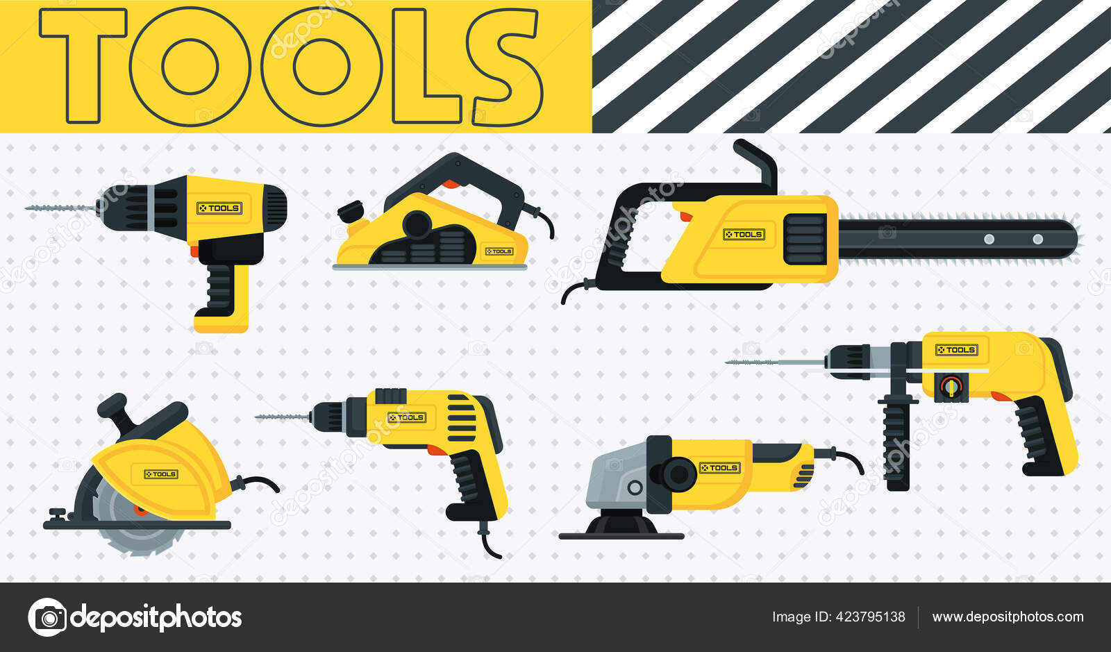 Set of power tools in yellow and black color. Home repair — Stock ...
