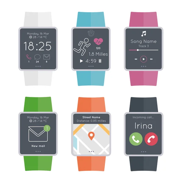 Set de 6 colores diferentes reloj inteligente rectangular. Diseño plano ...