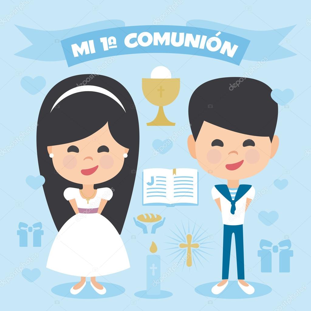 Un par de niños, niño y niña, haciendo la primera comunión. Elemento ...
