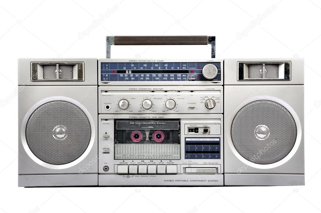 1980s Silver radio boom box isolated on white. front — Stock Photo ... 1980s Silver radio boom box isolated on white. front — Stock Photo ...