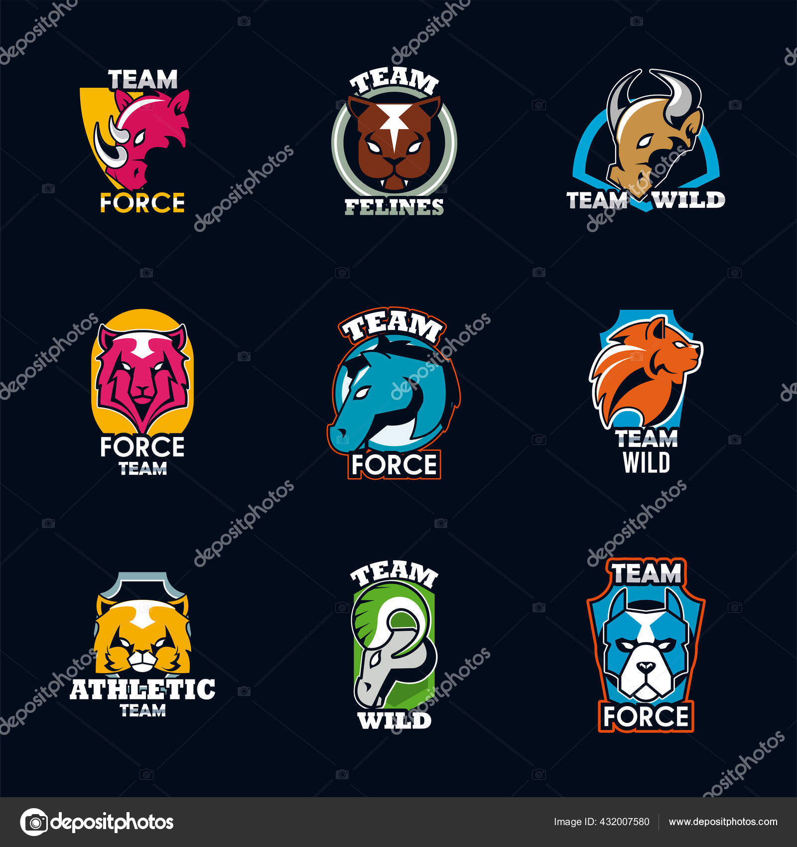 Bundel dari sembilan hewan emblem ikon dan huruf dalam latar belakang ...