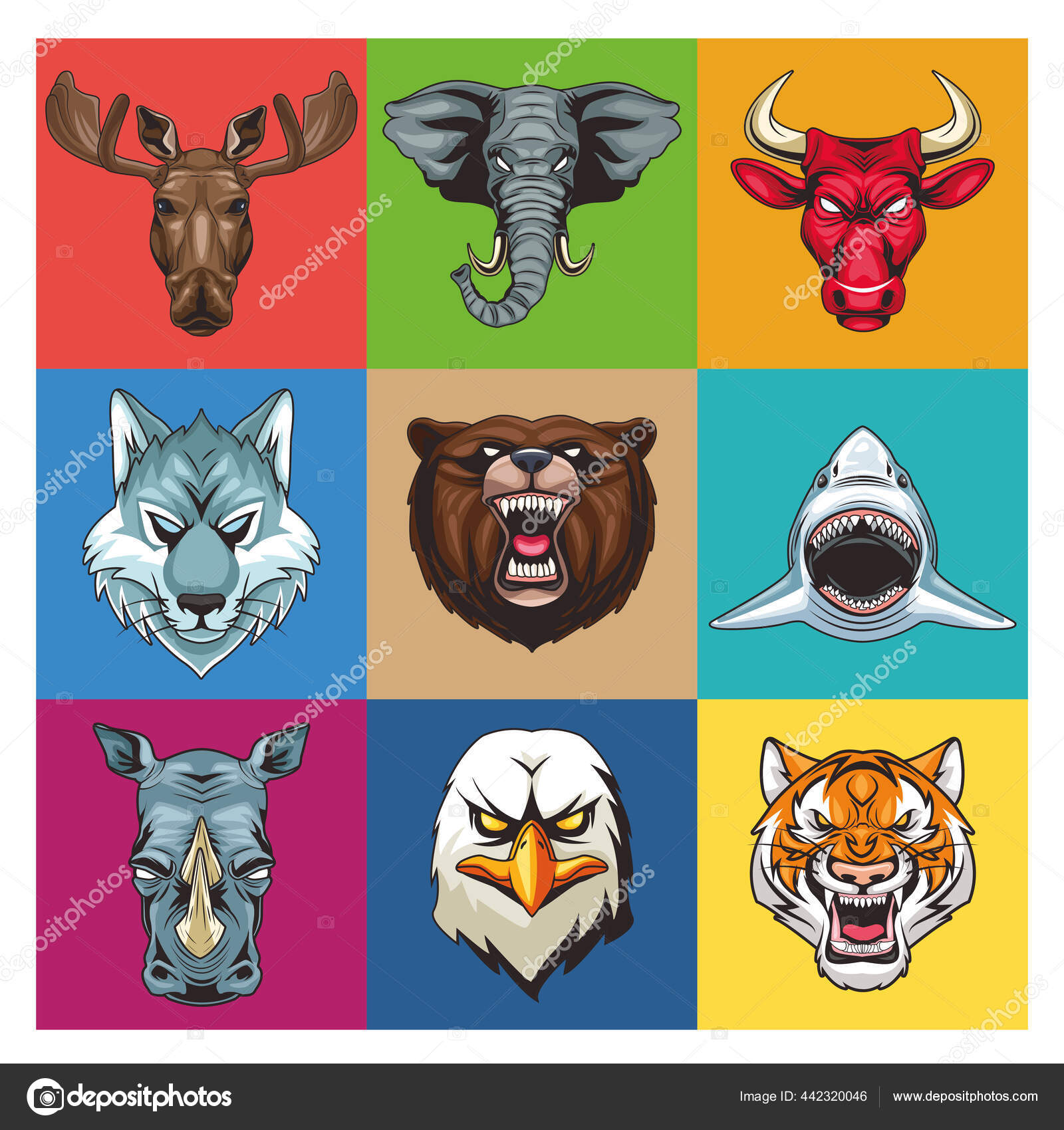 Bundle of nine wild animals heads characters Stock Vector by ©jemastock ...