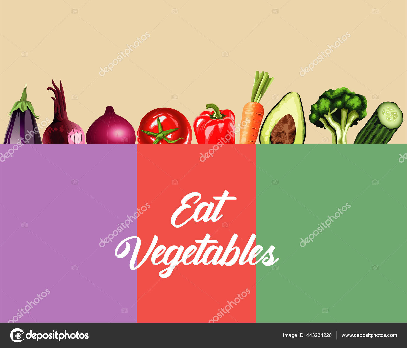 Comer verduras letrero con alimentos saludables en colores marco Vector ...