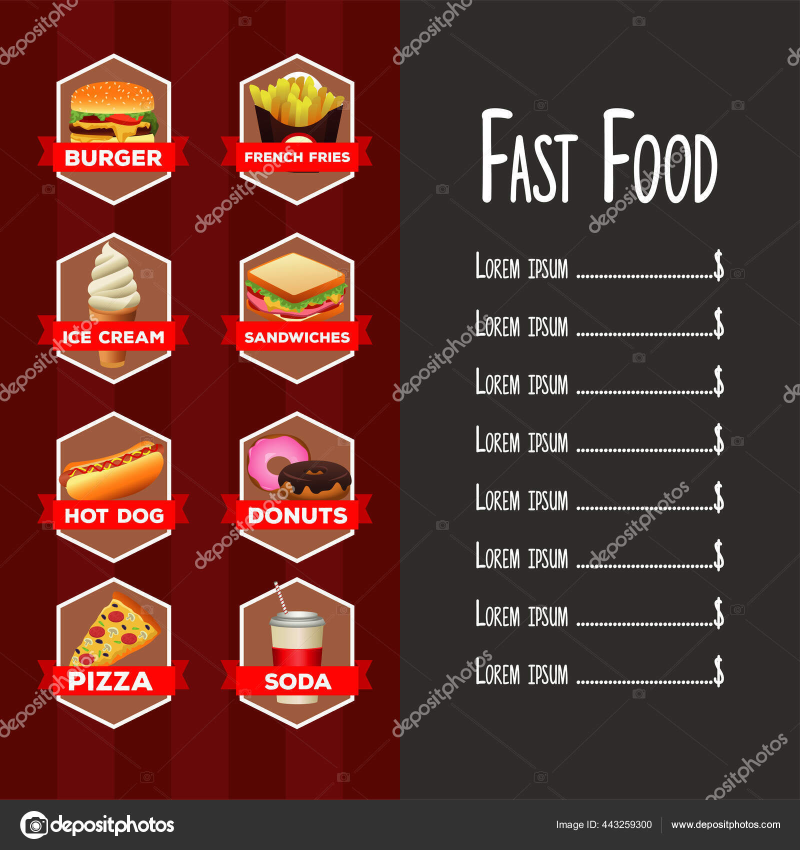 Delicious fast food list menu template with lettering in red and gray ...