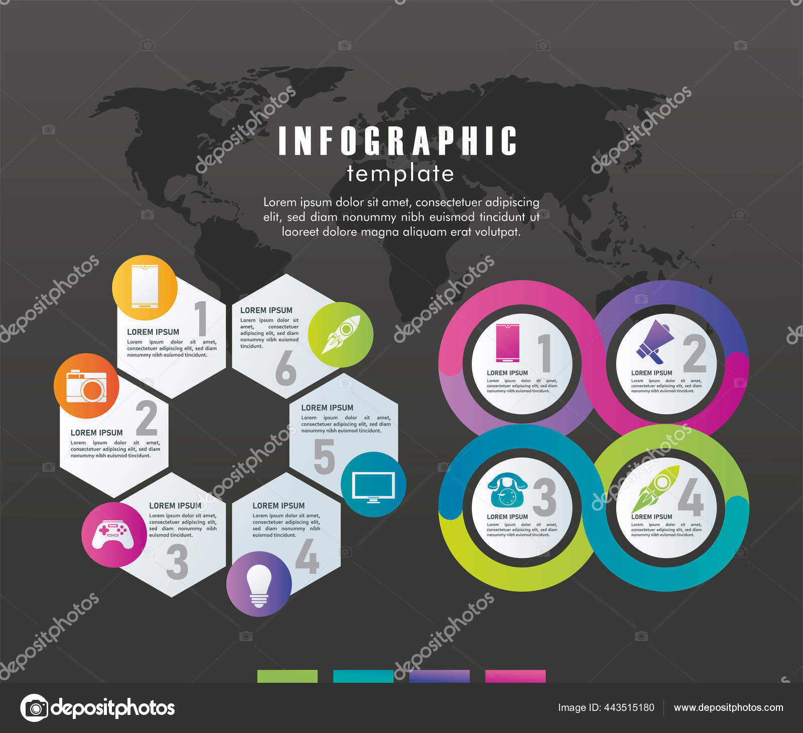 Estadísticas infografías pasos con mapas de tierra en fondo negro ...