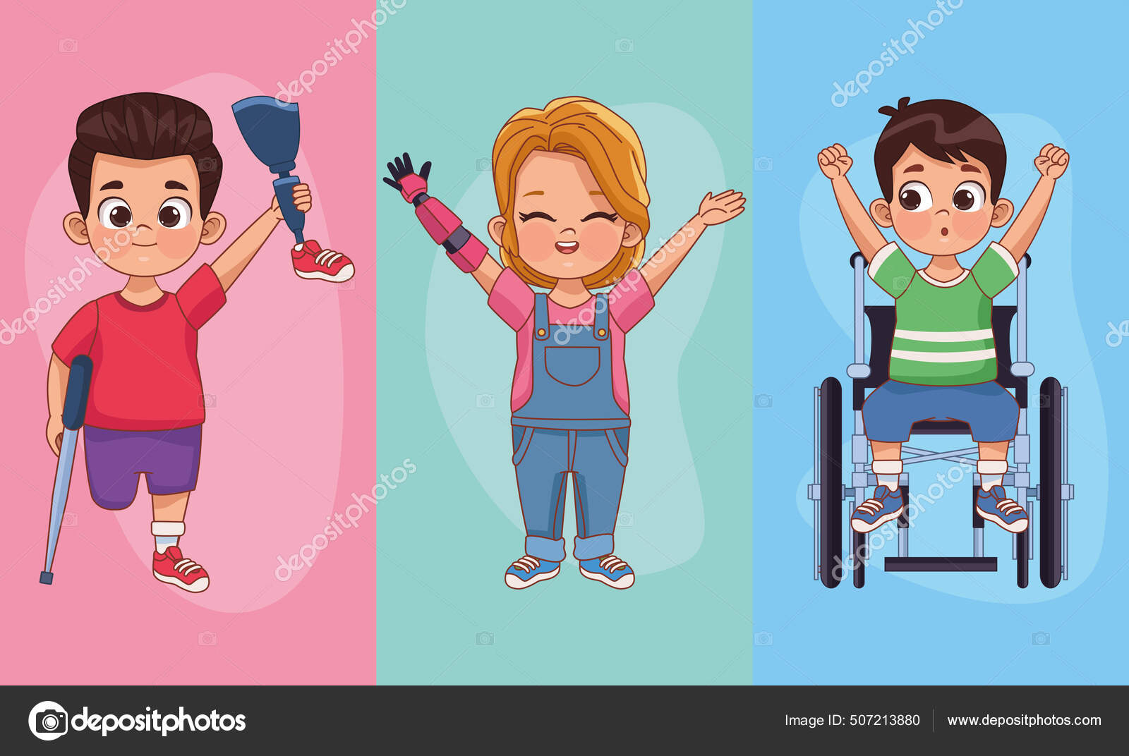 Tres niños discapacitados personajes Vector de stock #507213880 de ...