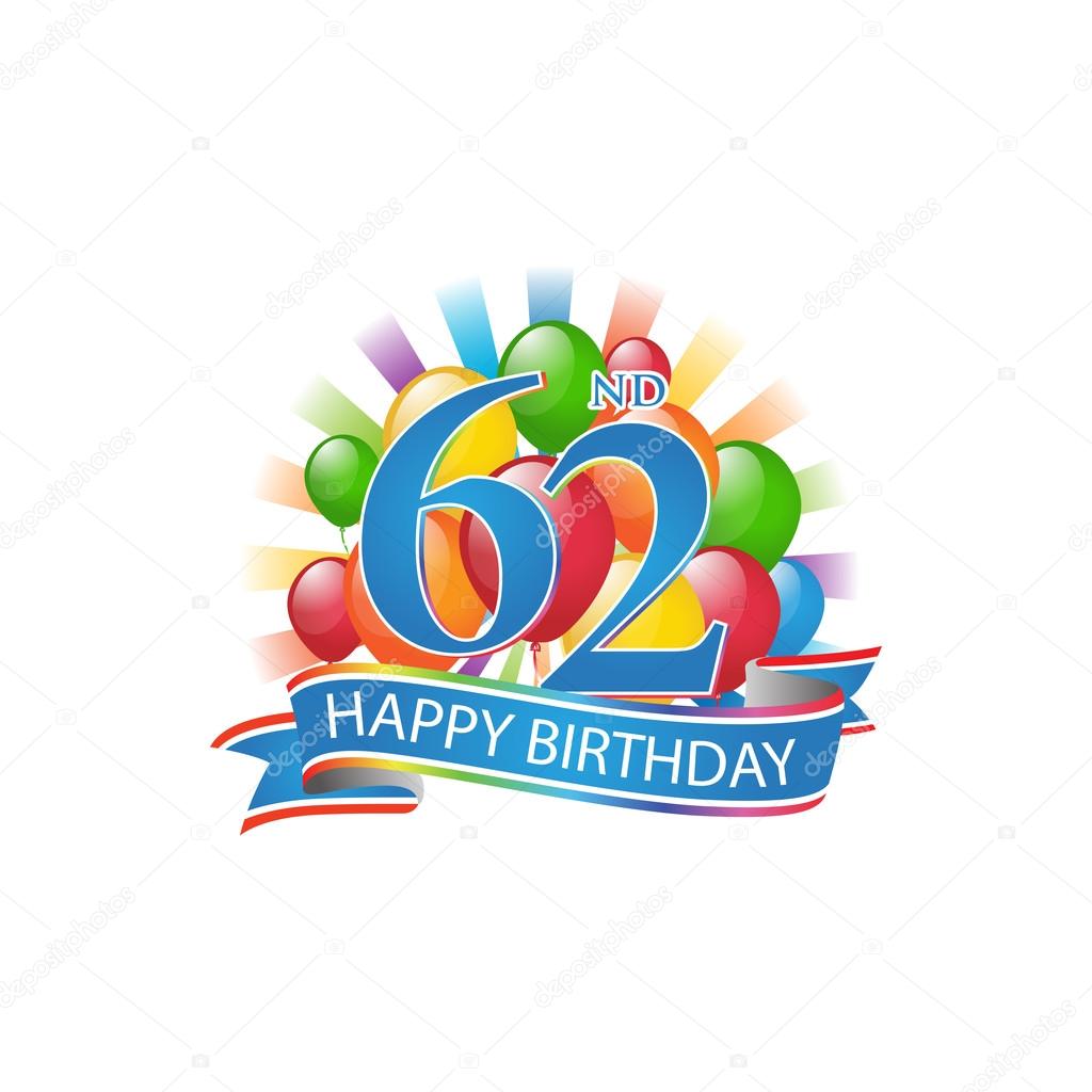 62nd colorful happy birthday logo with balloons and burst of light ...
