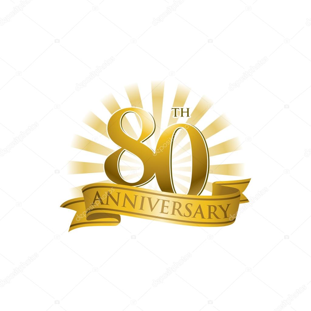 80th anniversary ribbon logo with golden rays of light — Stock Vector ...