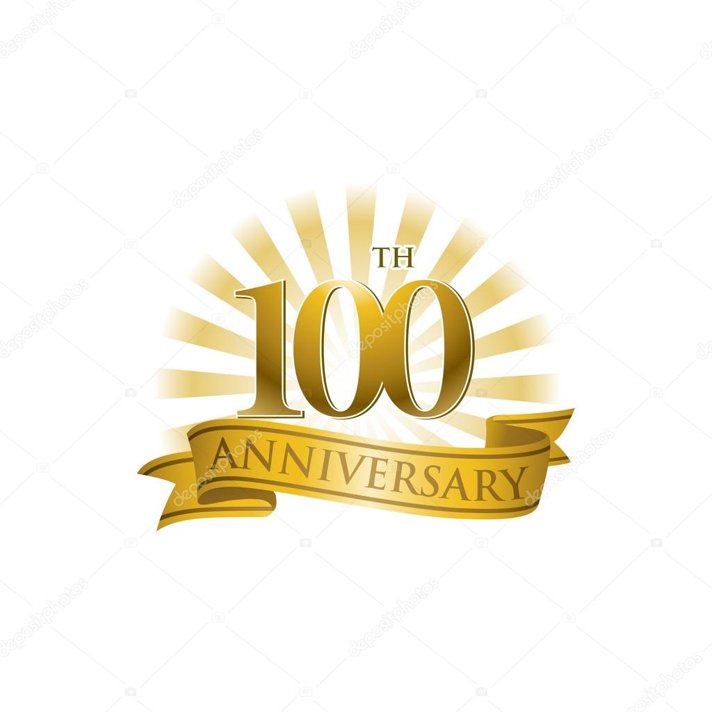 100th anniversary ribbon logo with golden rays of light Stock Vector ...