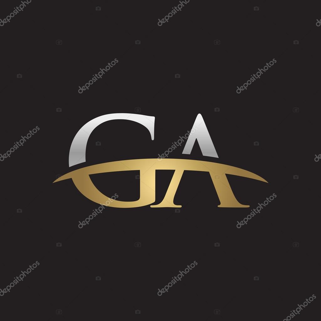 Initial letter GA silver gold swoosh logo swoosh logo black background ...