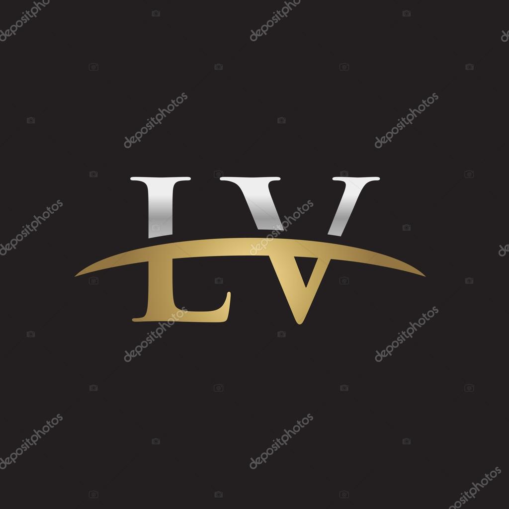Initial letter LV silver gold swoosh logo swoosh logo black background ...