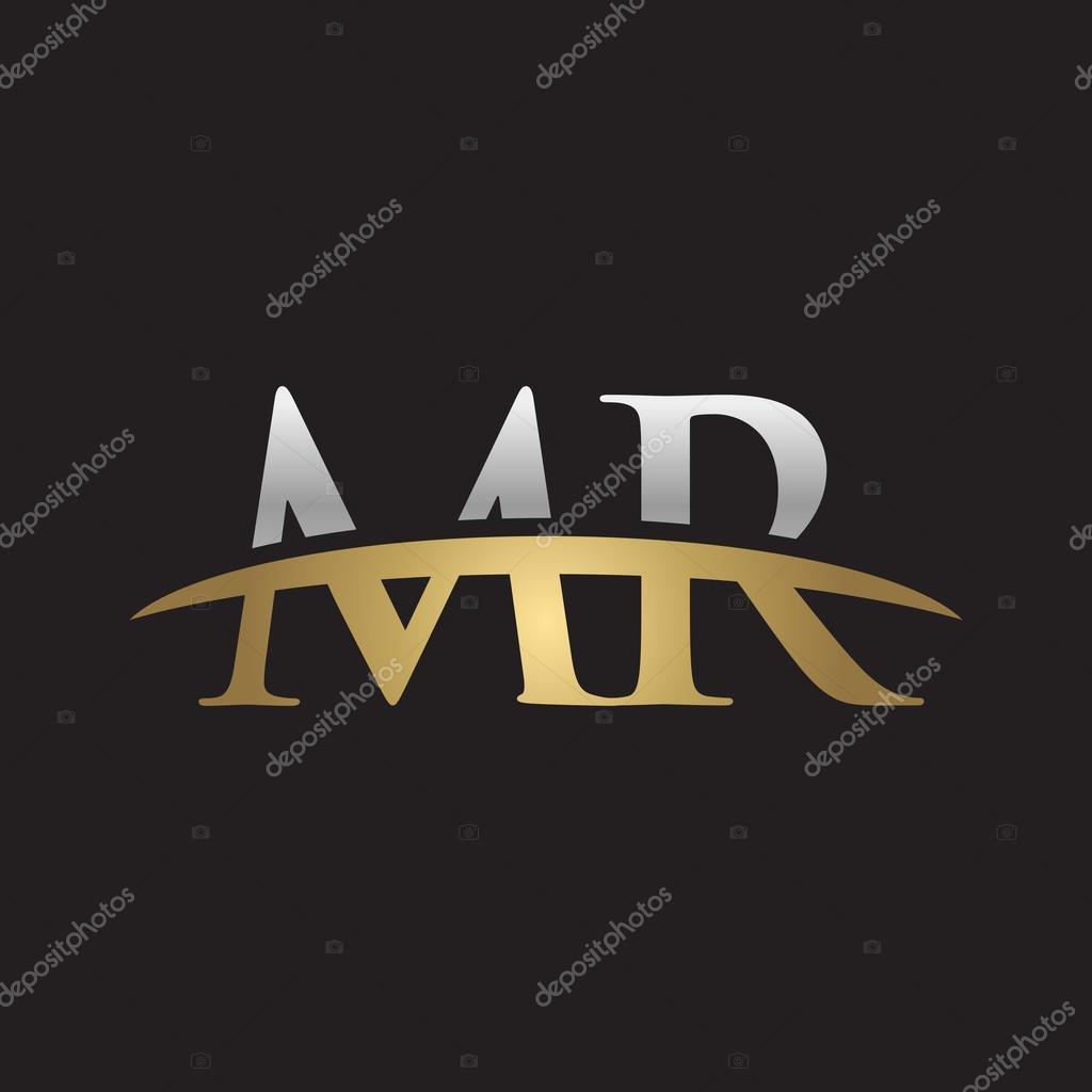 Initial letter MR silver gold swoosh logo swoosh logo black background ...