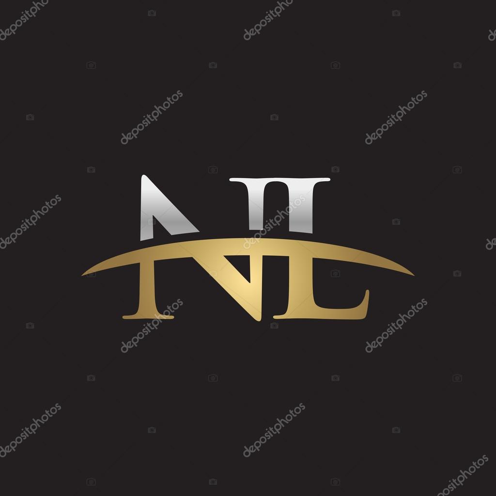 Initial letter NL silver gold swoosh logo swoosh logo black background ...