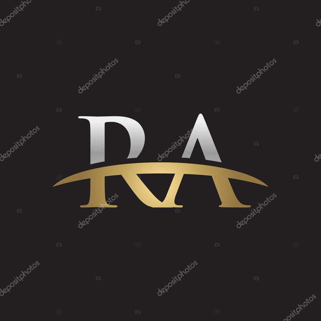Initial letter RA silver gold swoosh logo swoosh logo black background ...