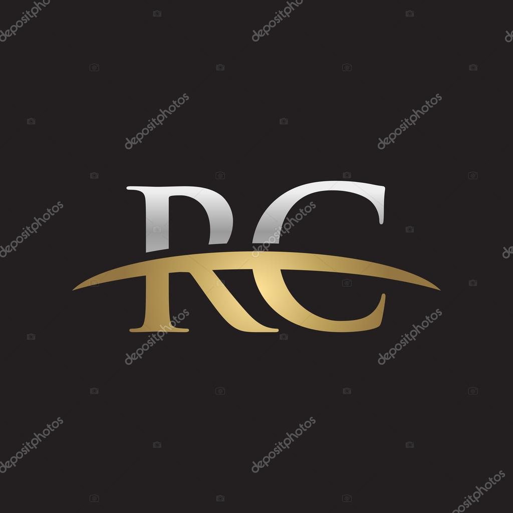 Initial letter RC silver gold swoosh logo swoosh logo black background ...