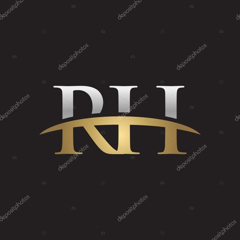 Initial letter RH silver gold swoosh logo swoosh logo black background ...