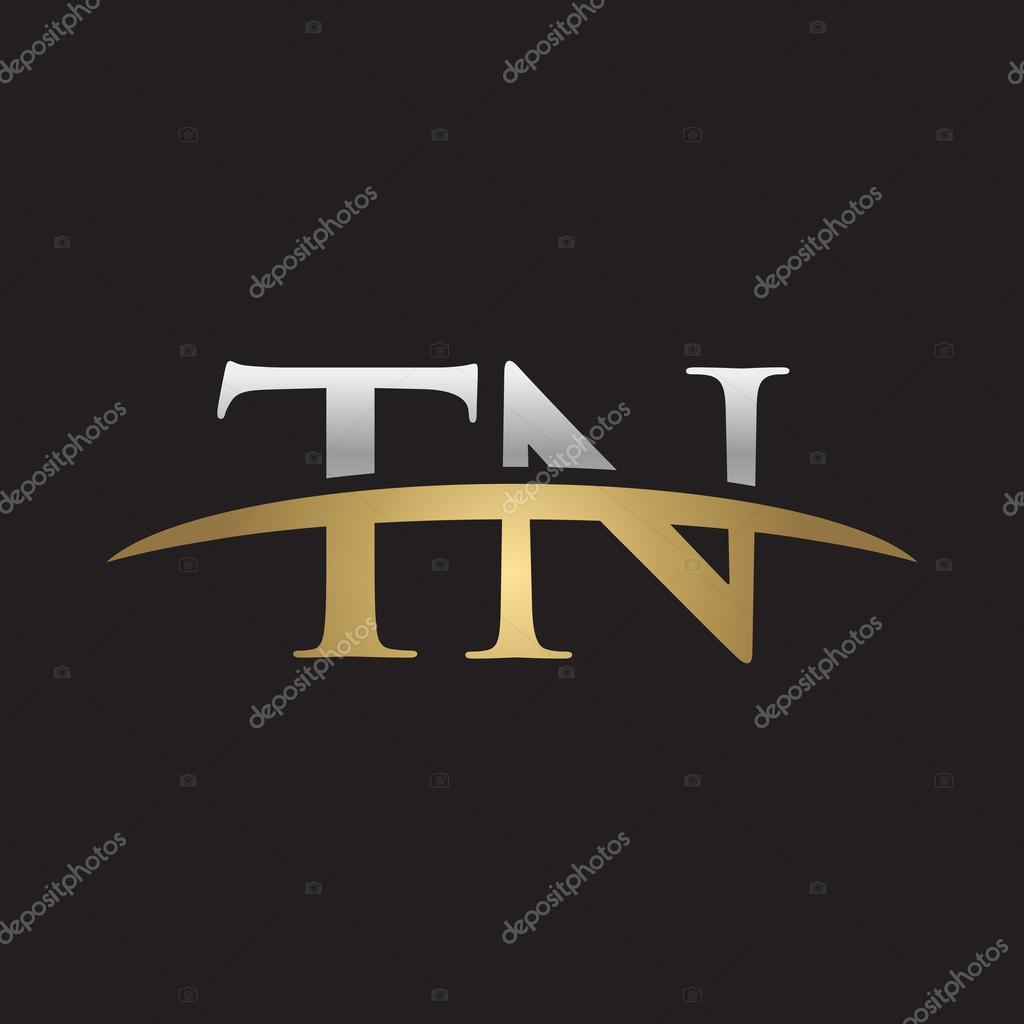 Initial letter TN silver gold swoosh logo swoosh logo black background ...
