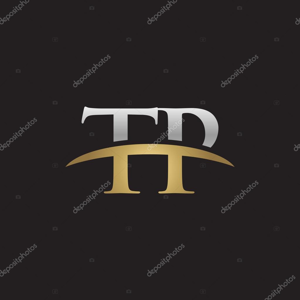 Initial letter TP silver gold swoosh logo swoosh logo black background ...