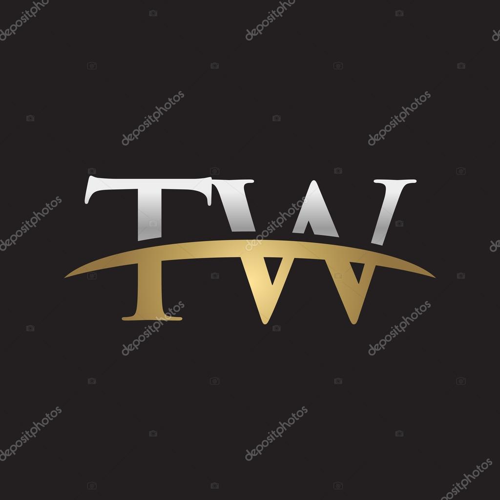 Letra inicial TW plata oro swoosh logo swoosh logo negro fondo Vector ...