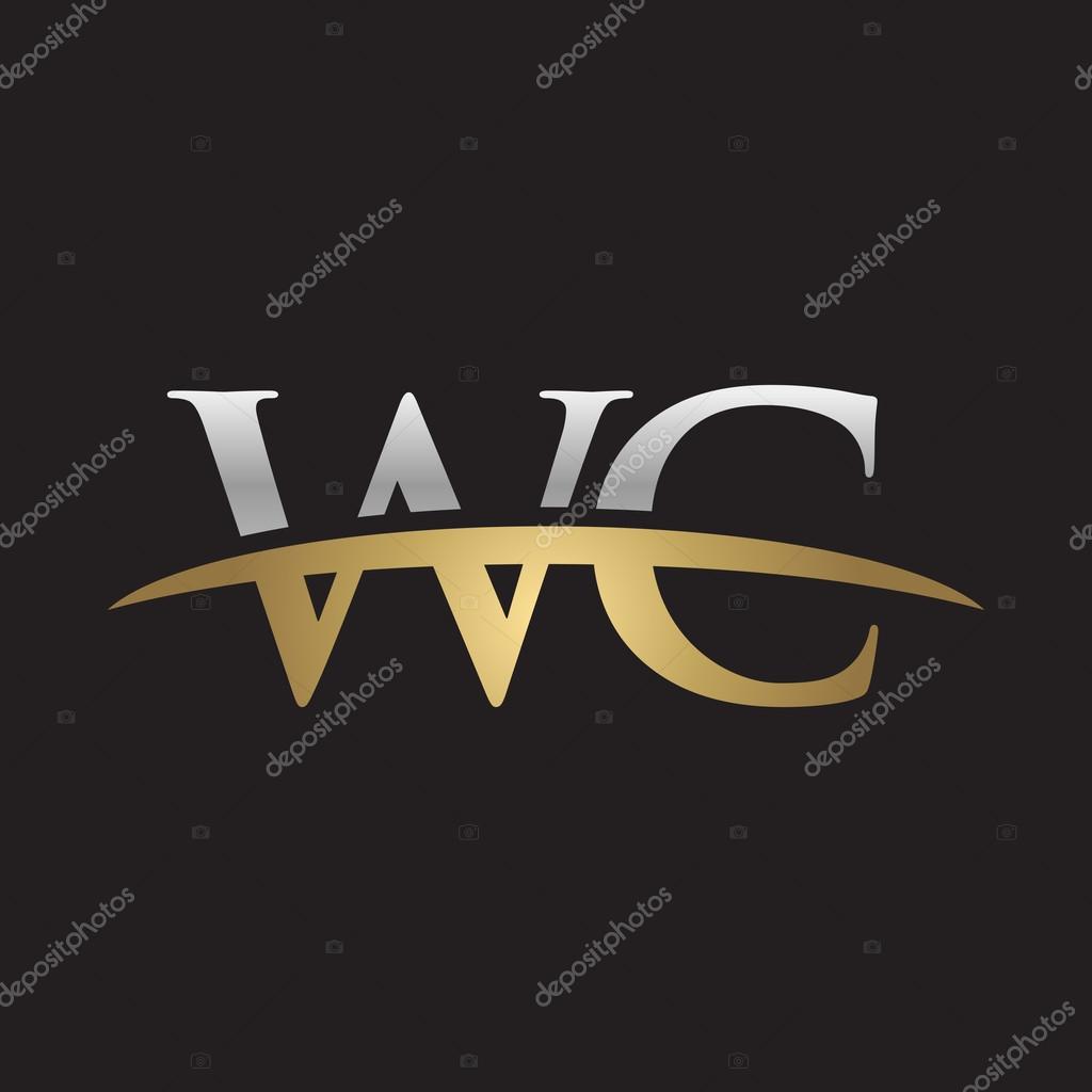 Initial letter WC silver gold swoosh logo swoosh logo black background ...