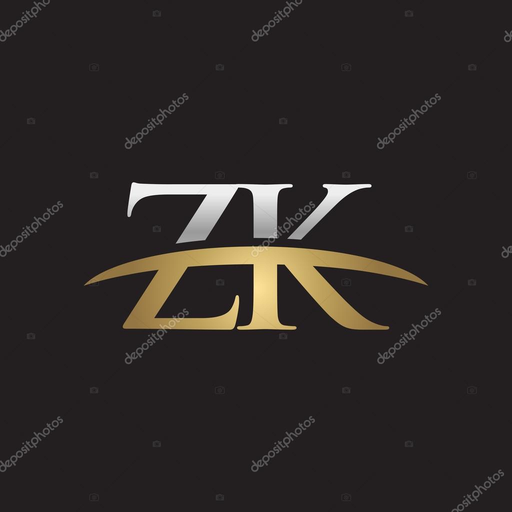 Initial letter ZK silver gold swoosh logo swoosh logo black background ...
