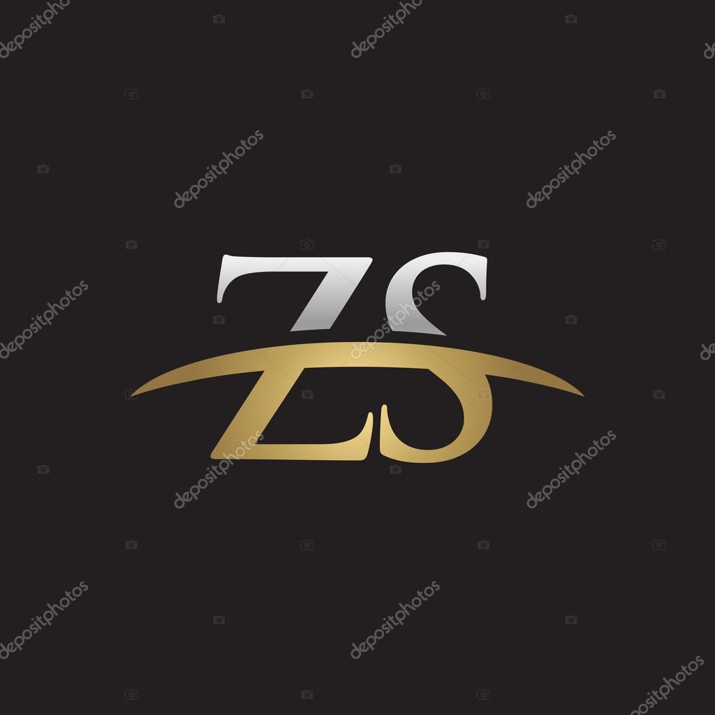 Initial letter ZS silver gold swoosh logo swoosh logo black background ...