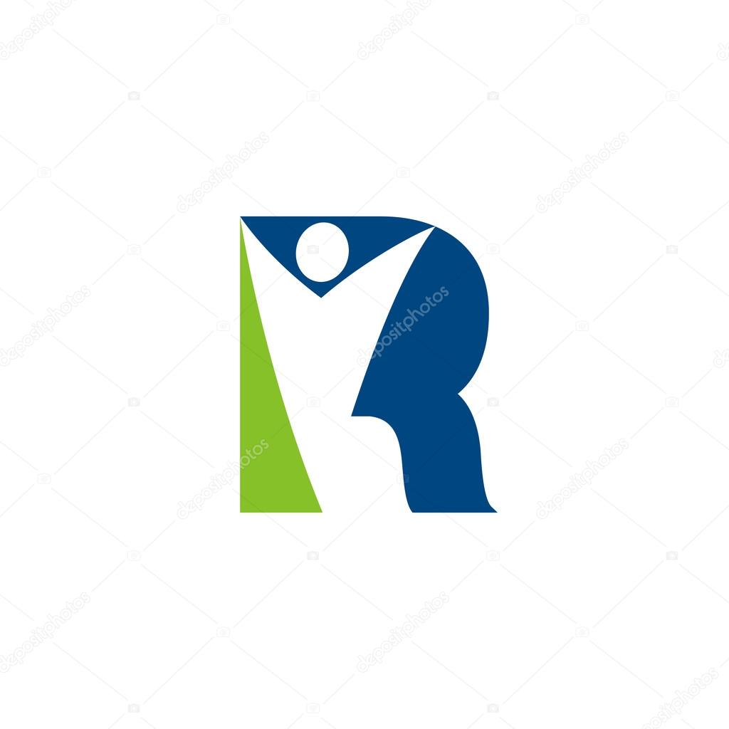 R inicial alfabeto letra logo con swoosh hombre, azul verde 2023