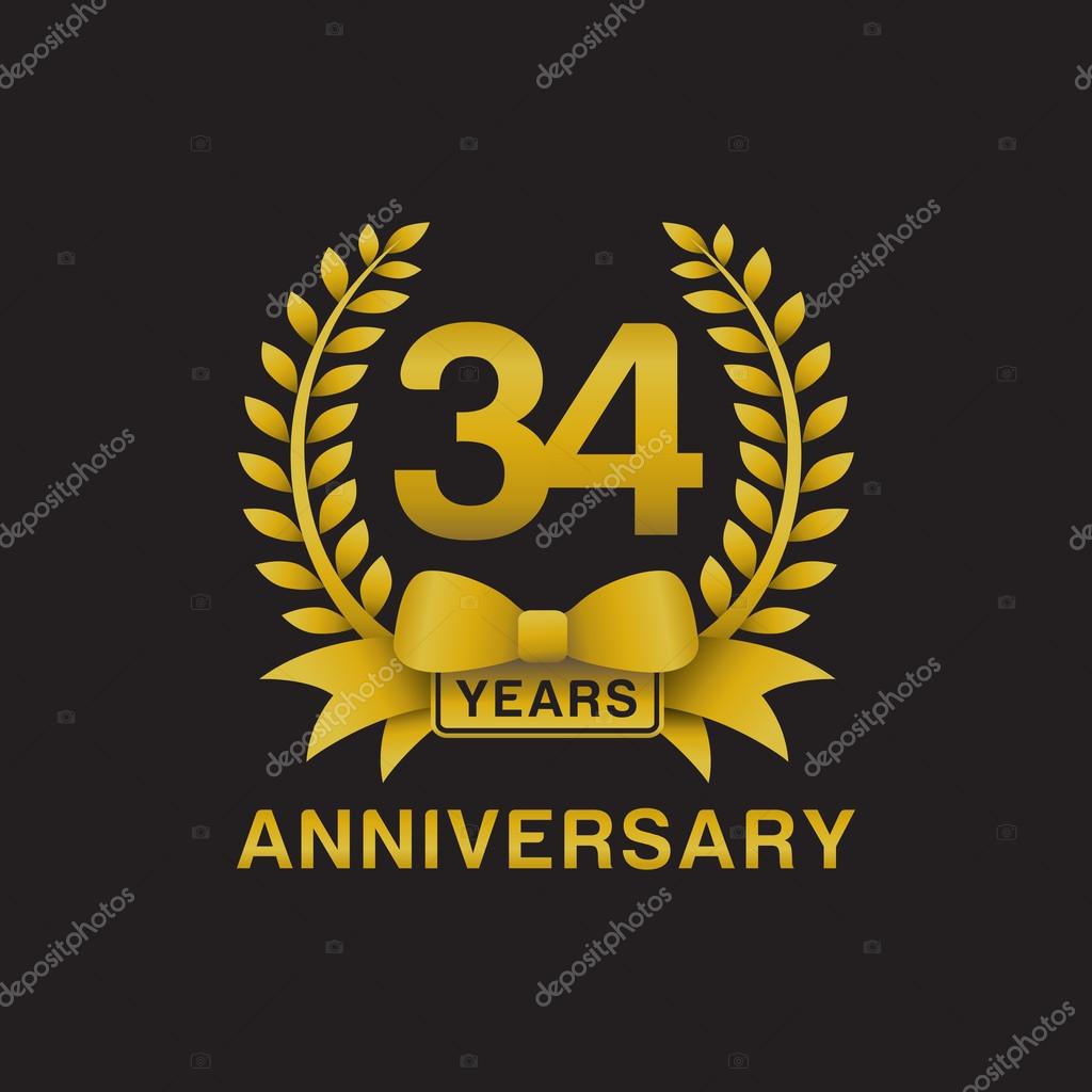 34th anniversary golden wreath logo black background Stock Vector Image ...