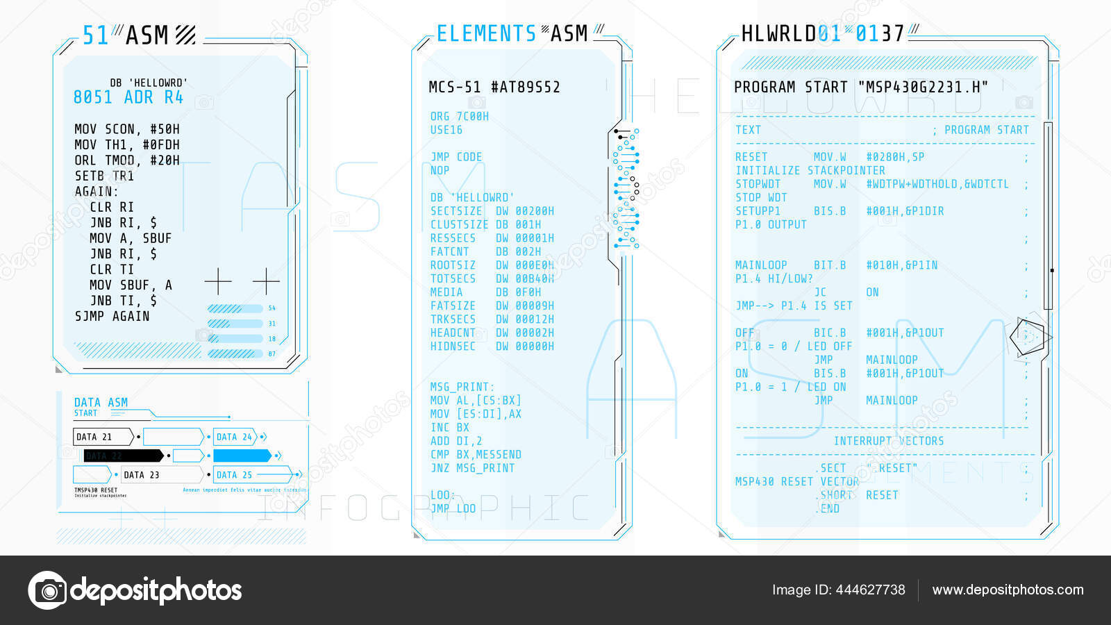 HUD interface elements with part of the code Assembly. Stock Vector Image by ©ConceptCafe #444627738