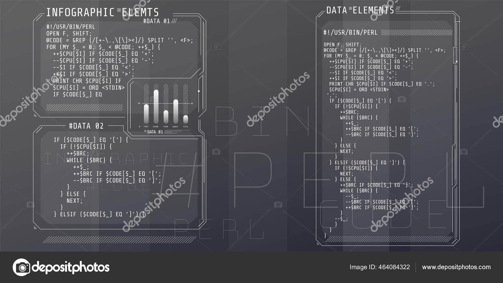 HUD interface elements with part of the code Perl. Stock Vector by ©ConceptCafe #464084322
