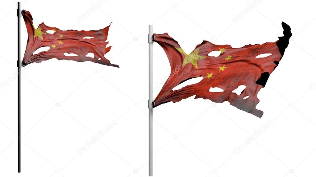 Apocalyptic ragged dirty flag of China. isolate on white. 3d render ...