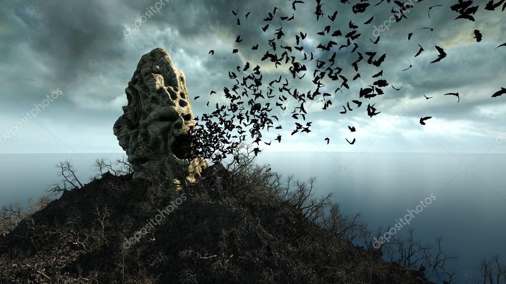 Isla de terror en el océano. Calavera diabólica gritando. Concepto de ...