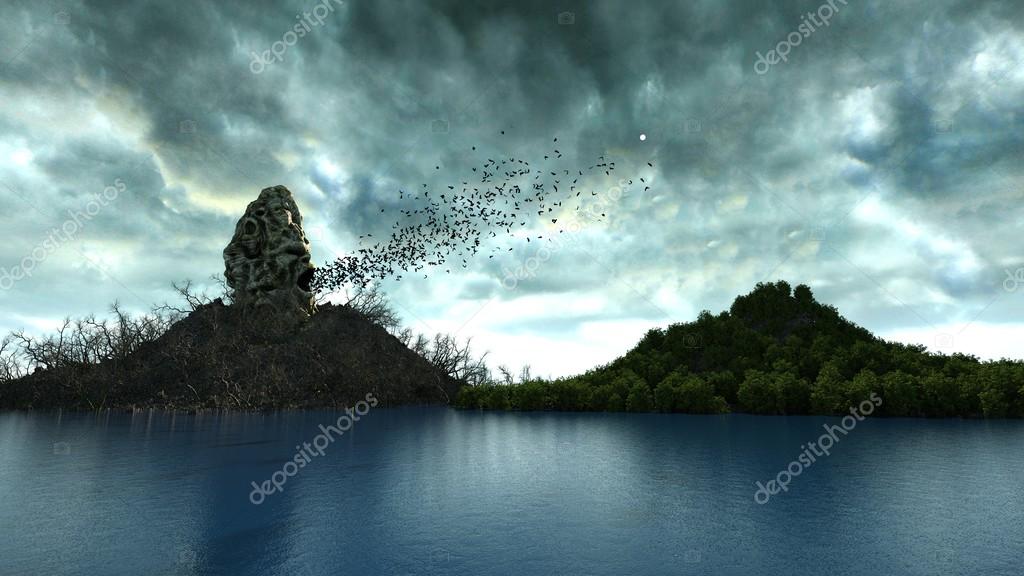 Horror island in ocean. devilish screaming skull. Halloween concept ...