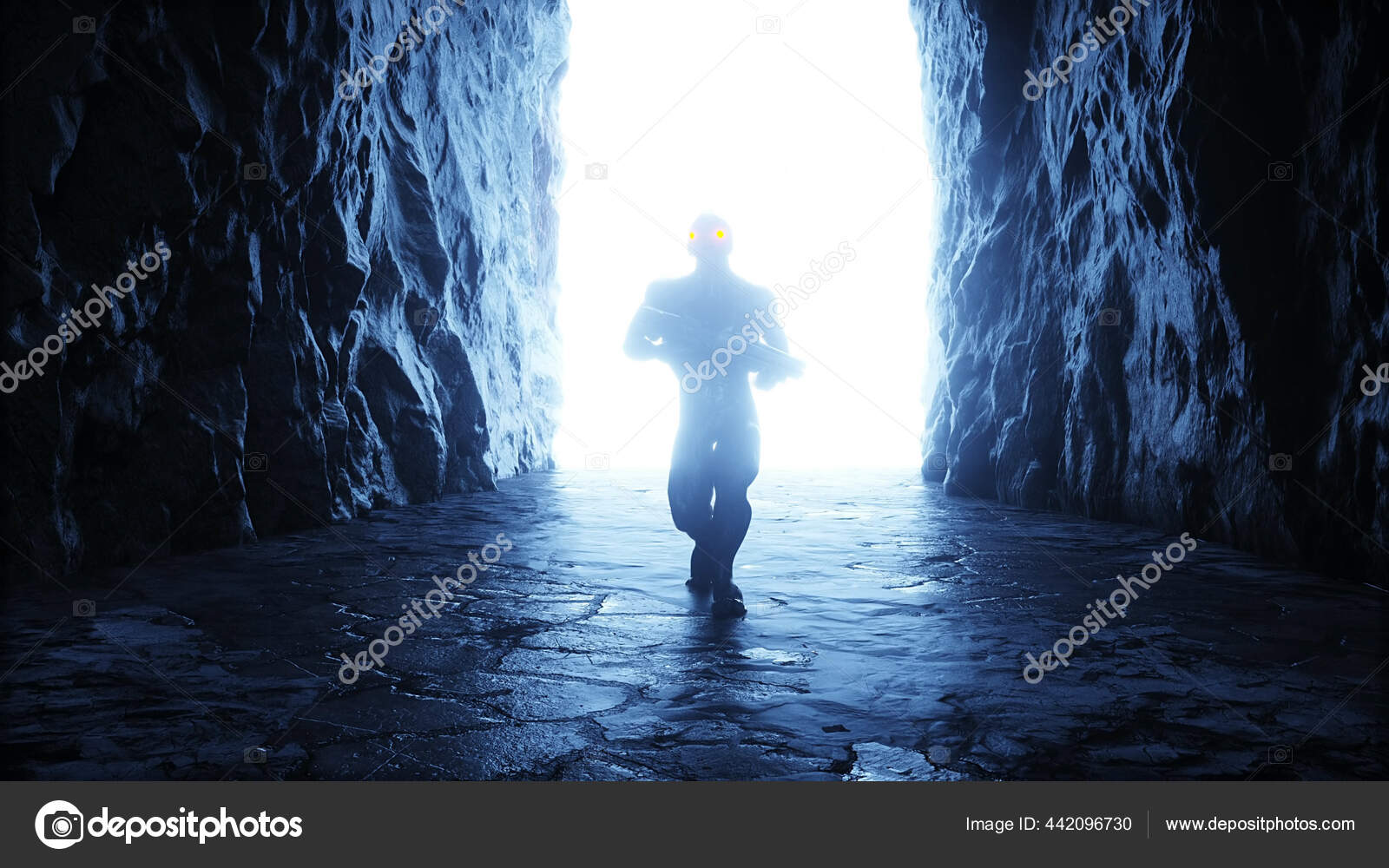 Alien, monstruo con pistola en el portal de la luz. renderizado 3d ...