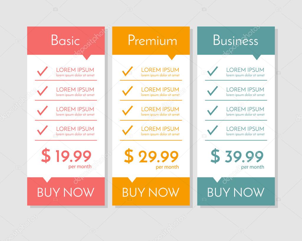 Tabla de precios de vectores para sitios web y aplicaciones. 2022