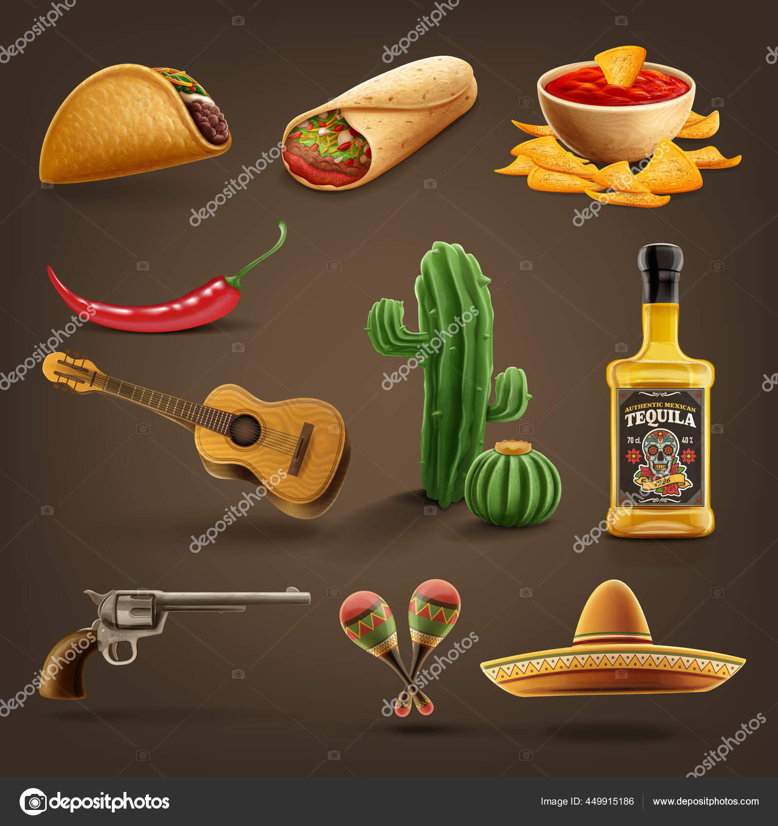 Mexican Objects Dark Background Vector Illustration Stock Vector Image ...