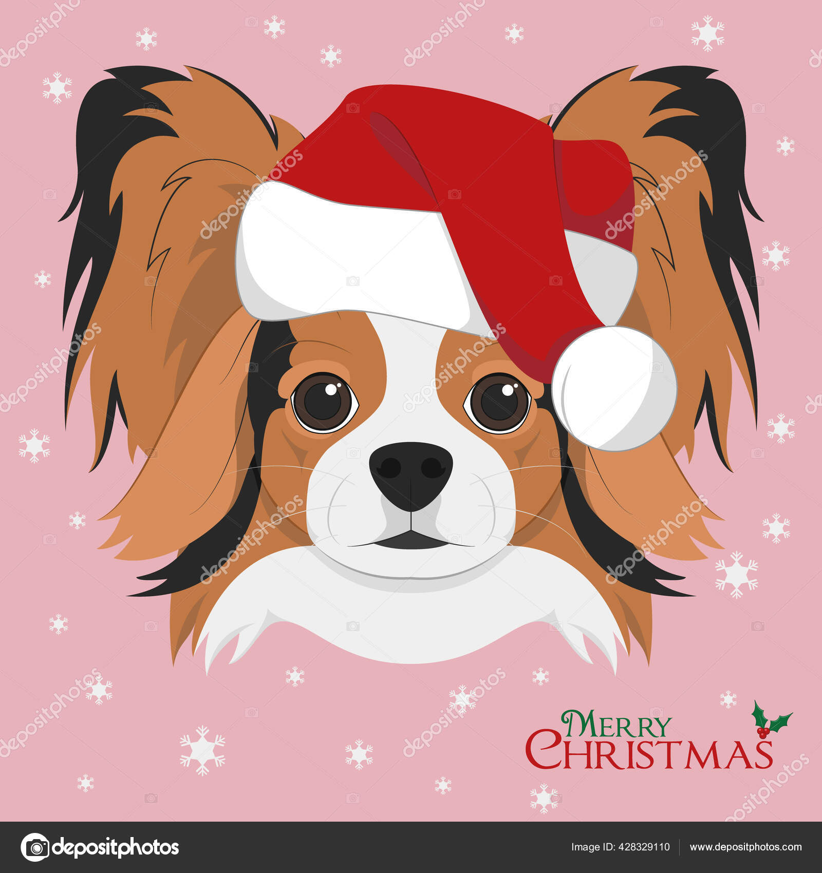 Christmas Greeting Card Papillon Dog Red Santa's Hat Stock Vector Image ...