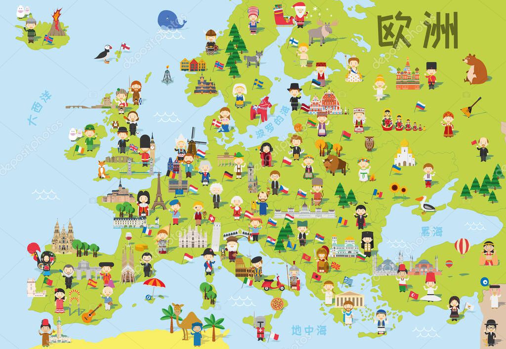 Funny cartoon map of Europe in chinese with childrens of different ...