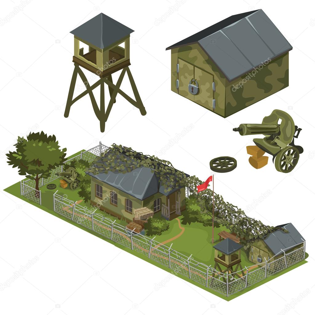 Military garrison, garage, tower and machine gun Stock Vector Image by ...