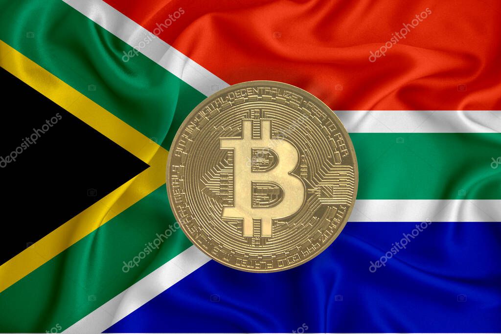bandera, moneda de oro bitcoin en el fondo de la bandera. El concepto ...