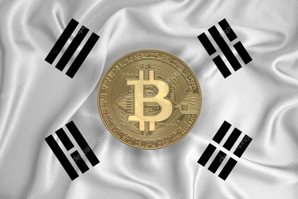 bandera, moneda de oro bitcoin en el fondo de la bandera. El concepto ...