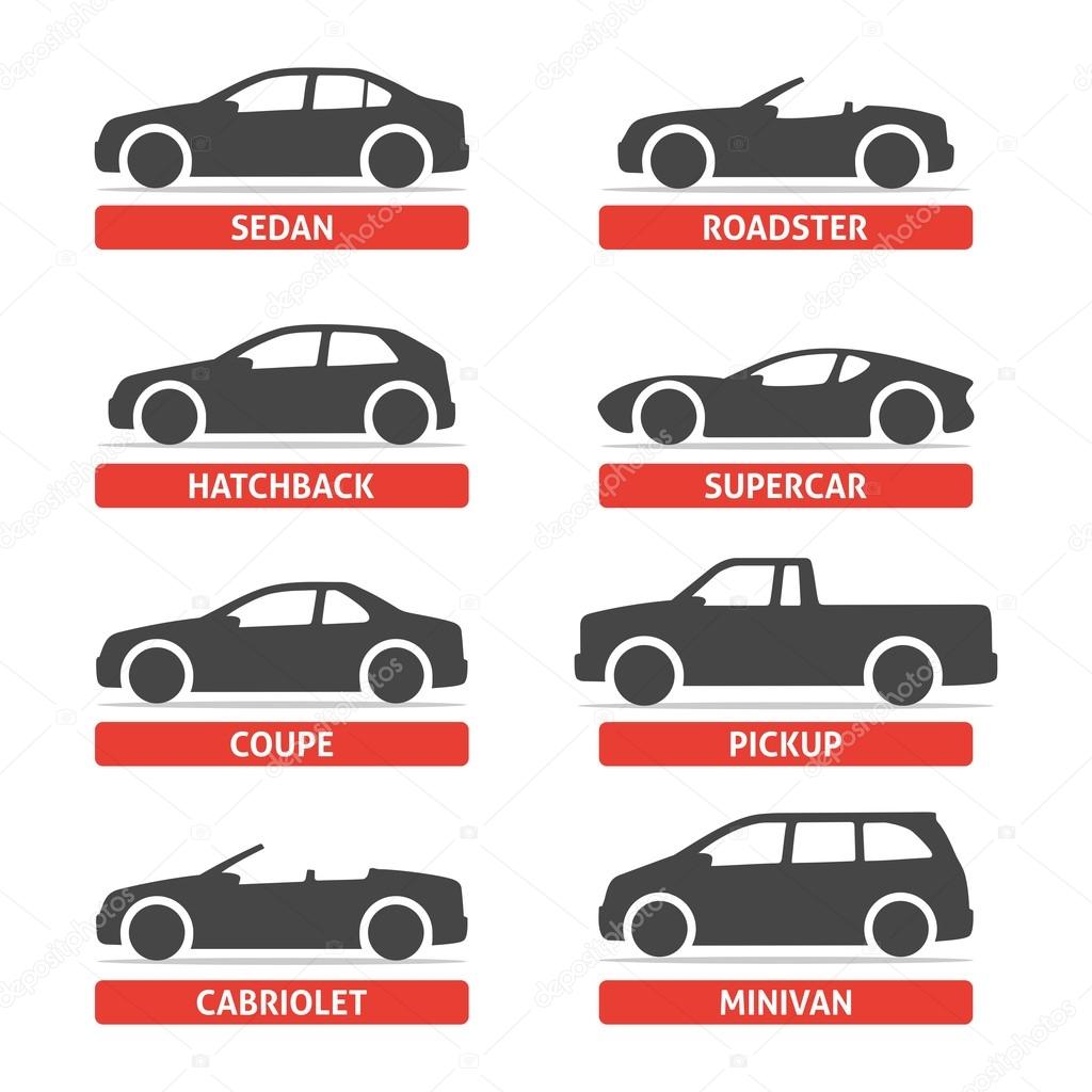 Car Type and Model Objects icons Set, automobile. Vector black ...