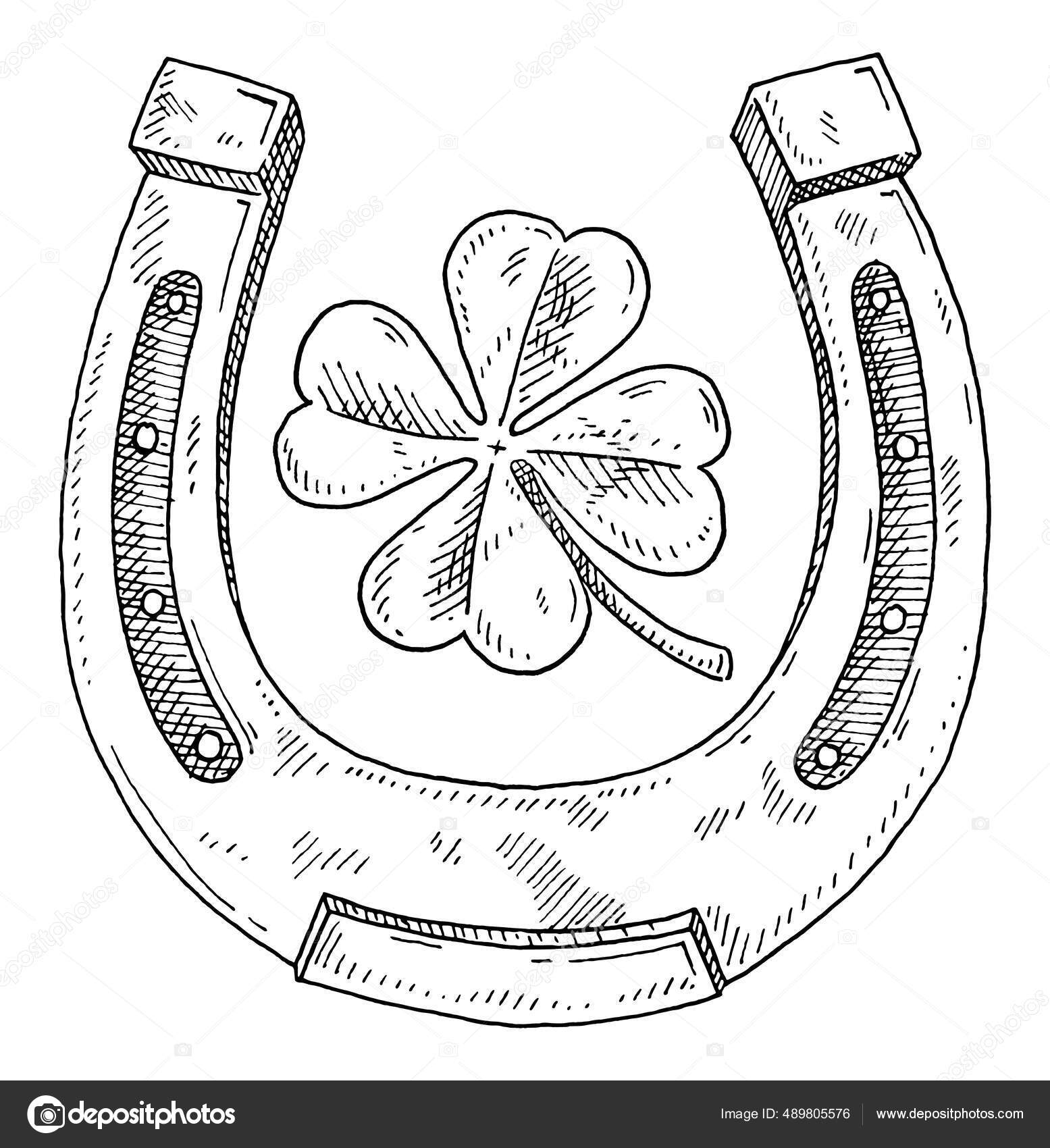 Horseshoe Four Leaf Clover Vintage Hatching Monochrome Black ...