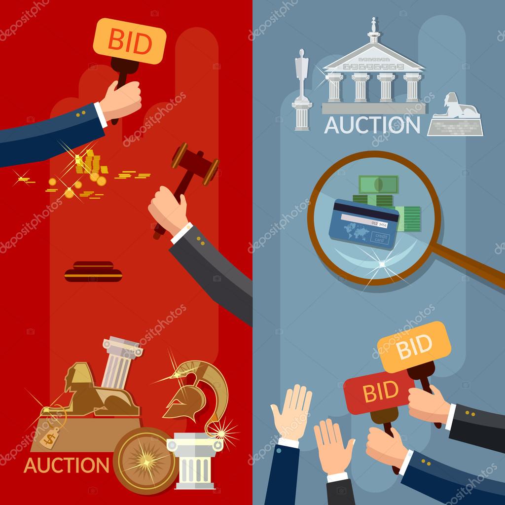 Auction banners hands and money buying antiques and real estate — Stock ...
