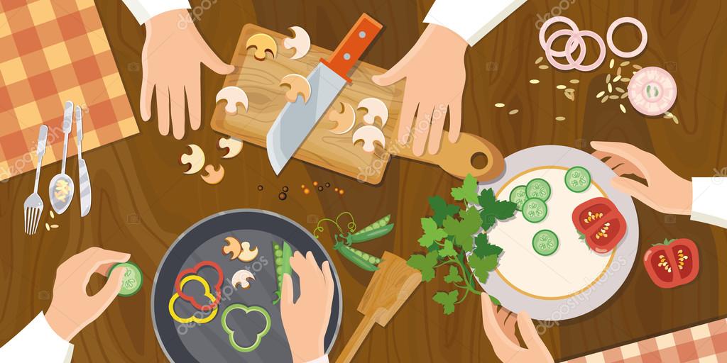 Team of chefs preparing food top view — Stock Vector © Matriyoshka ...