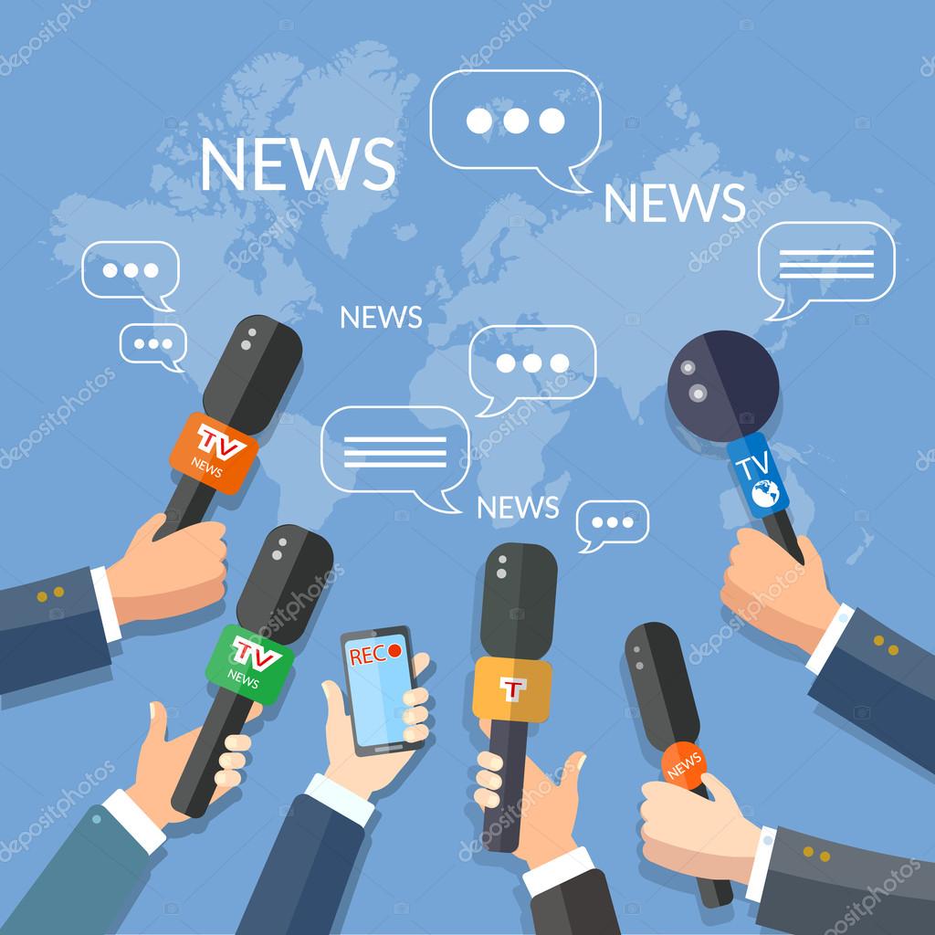 World live news report press concept hands of journalists Stock Vector ...