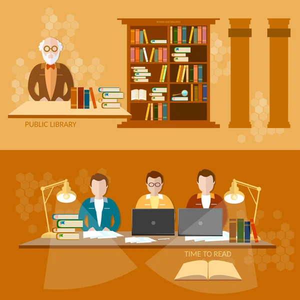 Library vector banner reading books students in the reading room ...